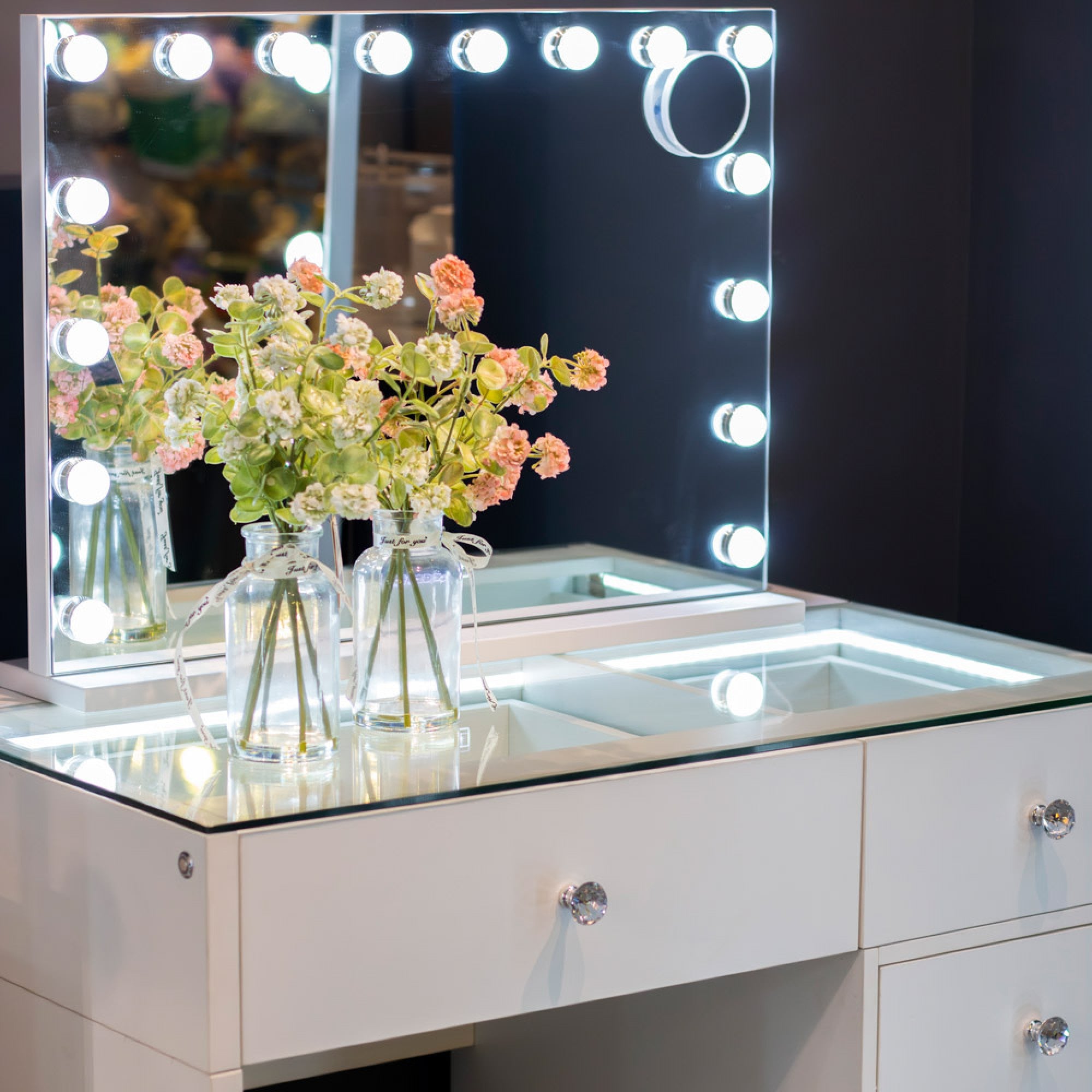 White Dressing Table with Mirror & LED | Erika Hollywood 92cm Vanity ...