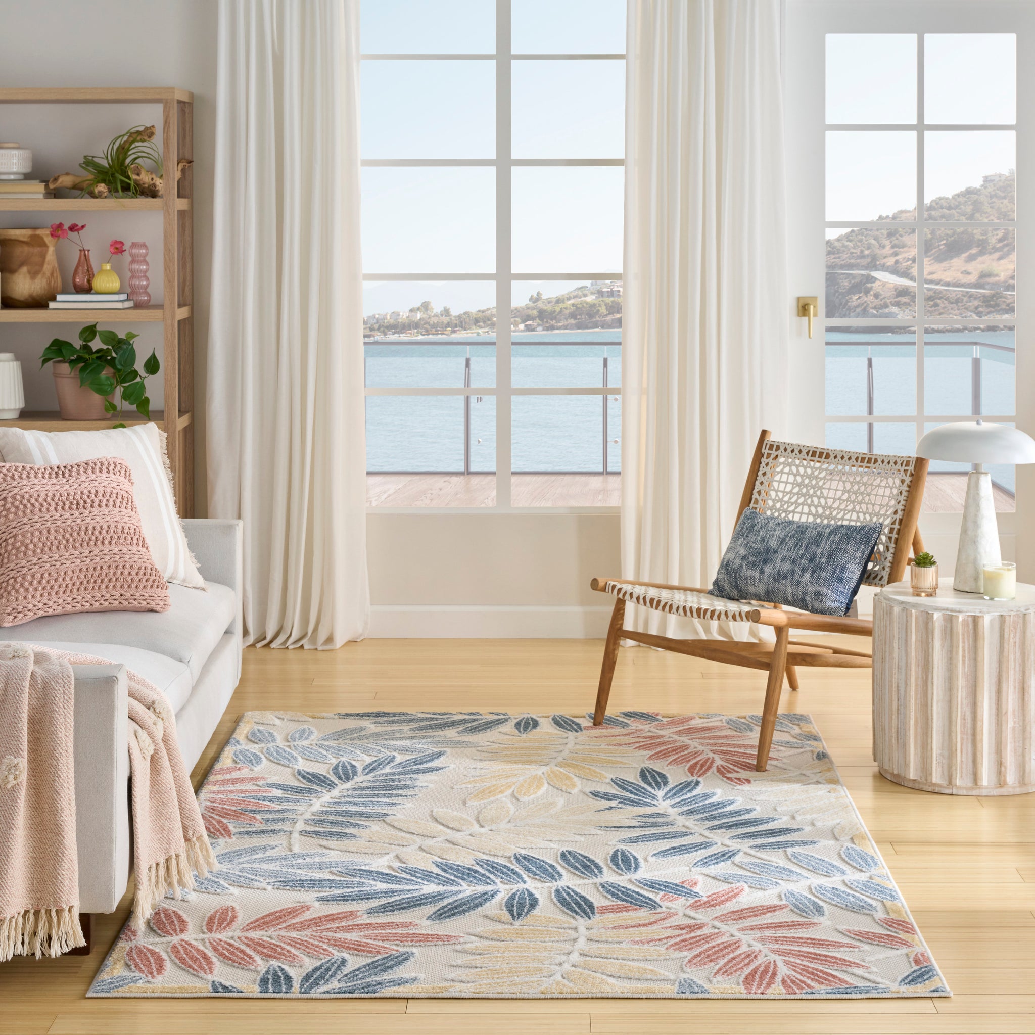 Aloha Ivory Blue Nourison Rug | Tropical Floral Rugs for Patio - Foy ...