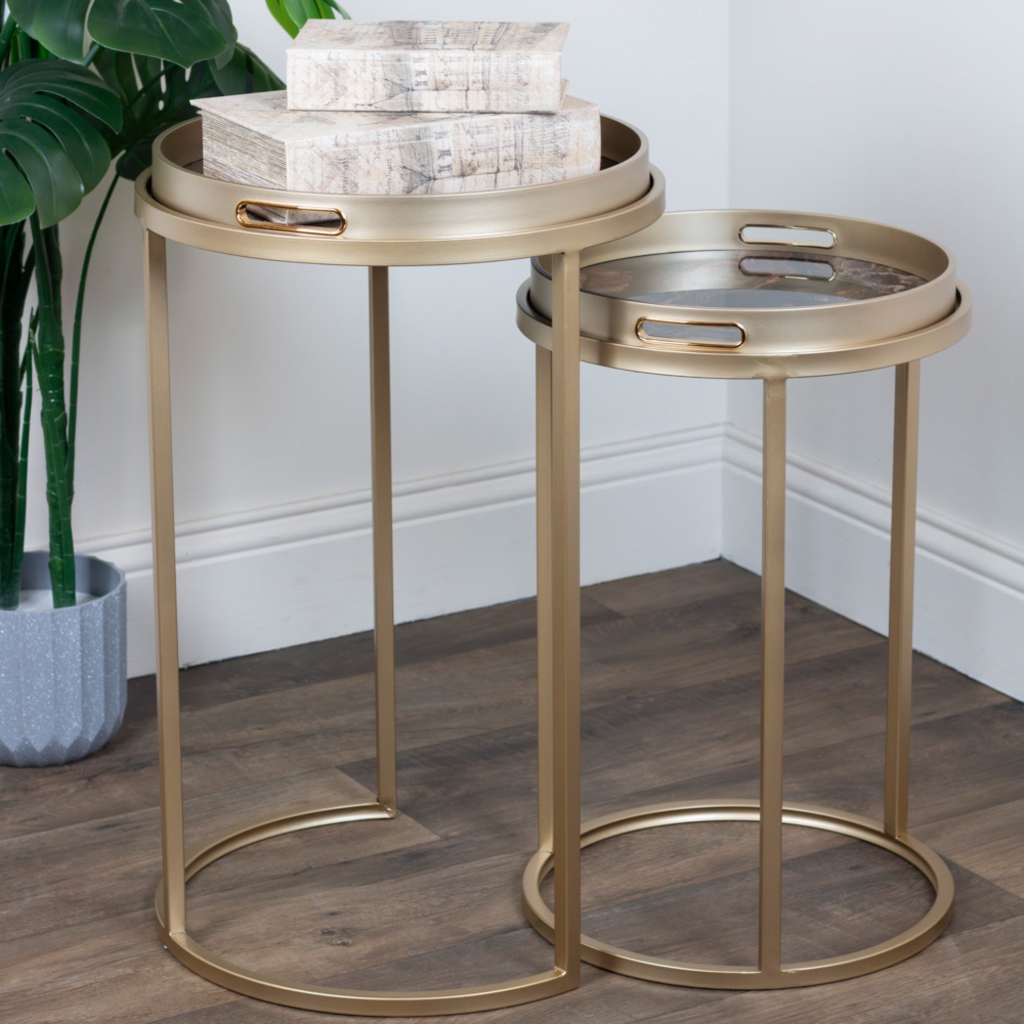 Stylish Nest of Tables | Nyra Set of 2 Gold Tray Tables - Foy and Company